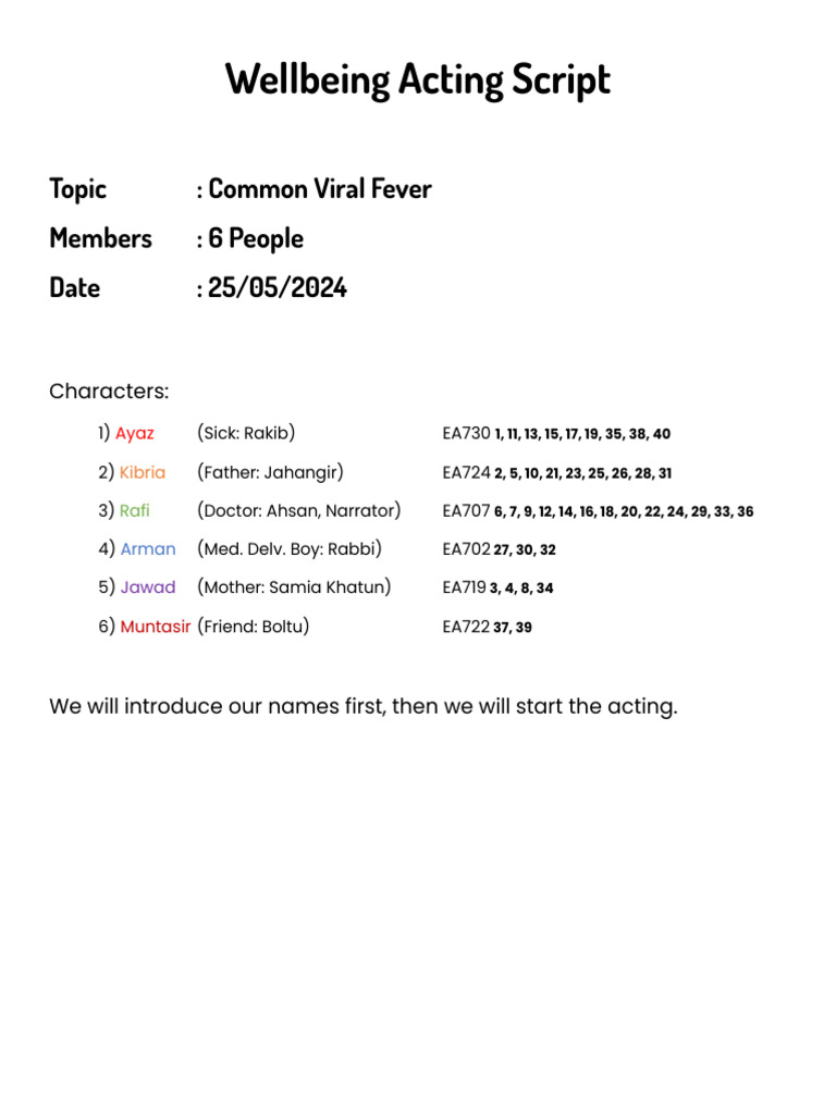 Wellbeing Acting Script | PDF