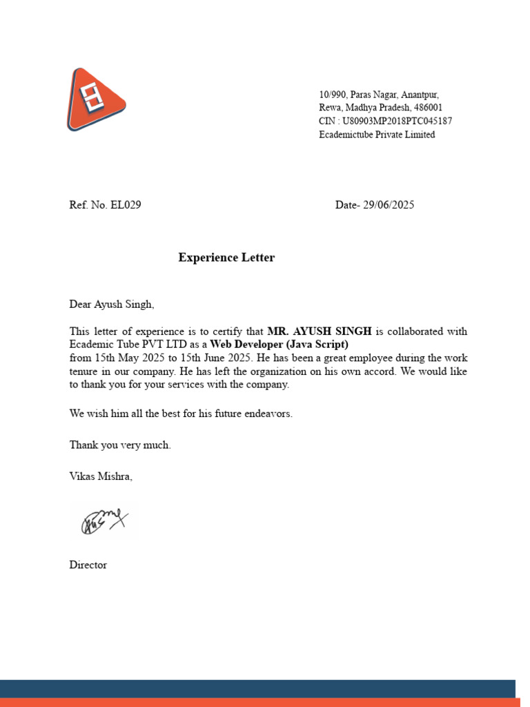 Web Developer Experience Letter for Ayush Singh | PDF