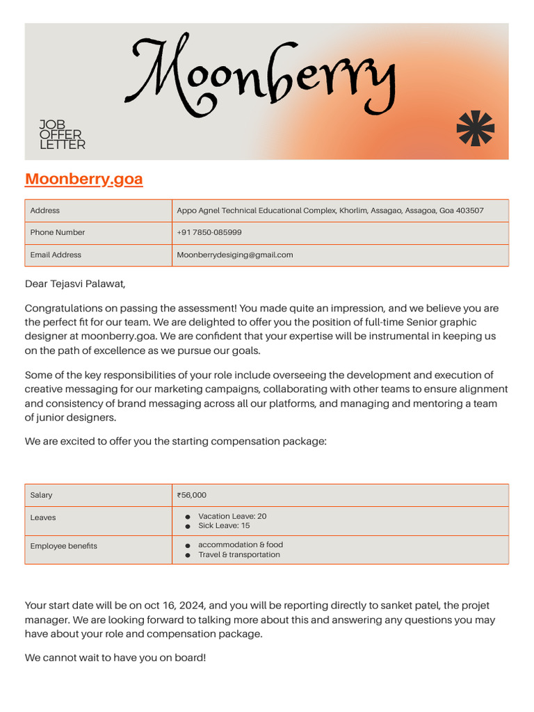 Monnberry - Goa Offer Letter - Tejasvi Palawat | PDF