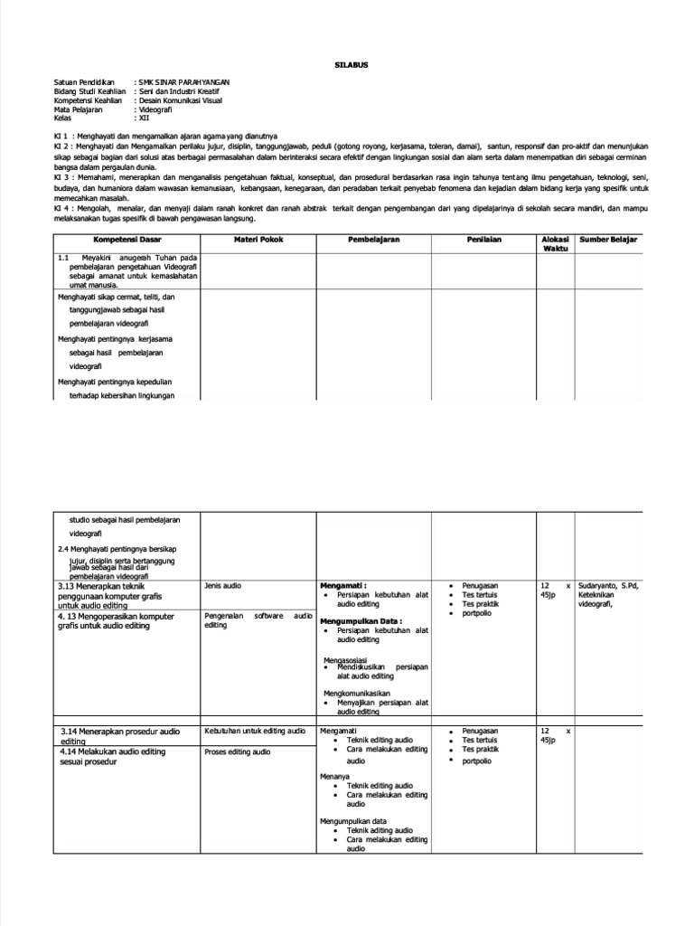 PDF Silabus Videografi Kelas 12 DKV - Compress | PDF | Electric Vehicle Manufacturers