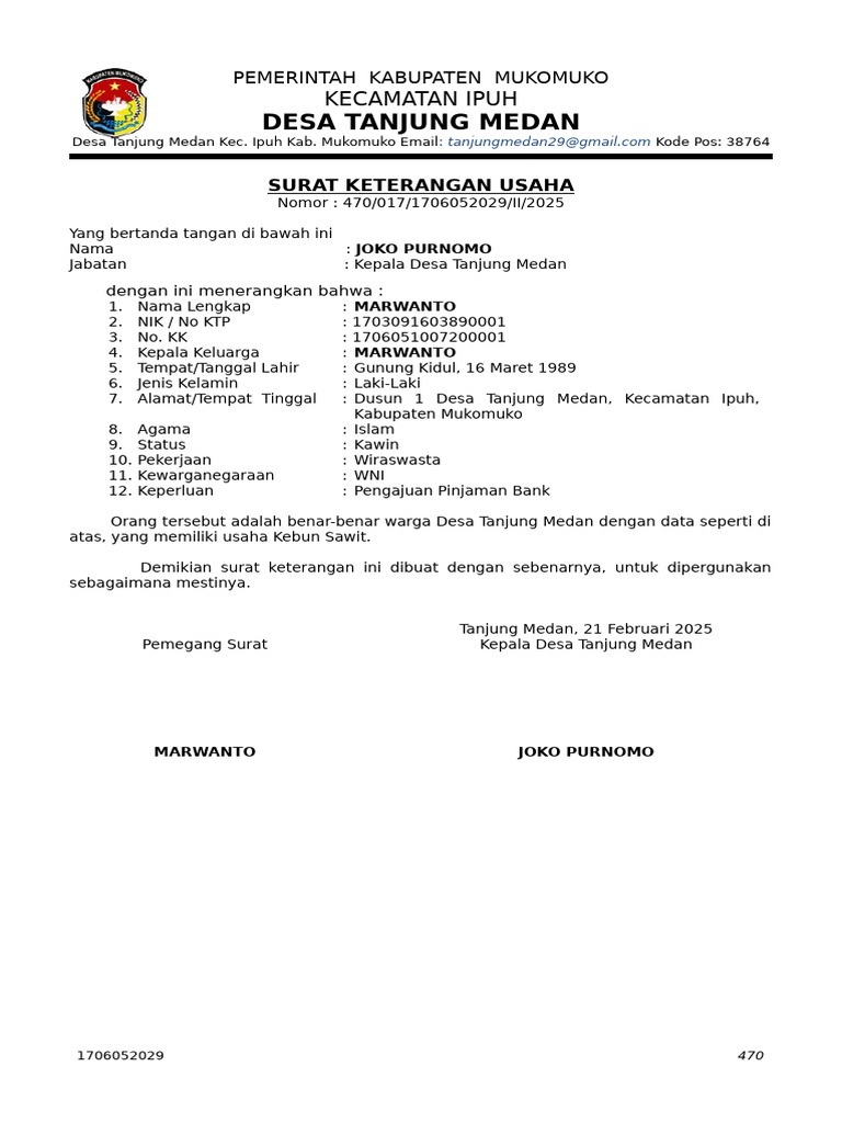 Surat Keterangan Usaha Marwanto Mukomuko | PDF