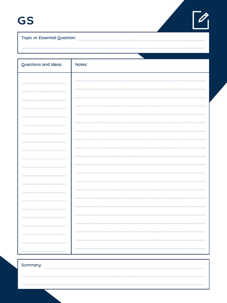 Navy White Simple English Cornell Note Taking Printable and Digital ...