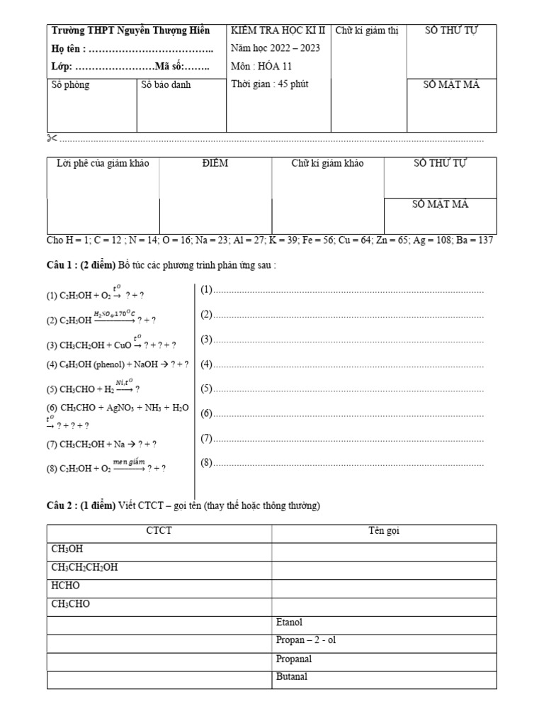 Hóa 11 Hk2 (Đề Minh Họa) | PDF