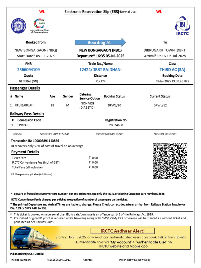 12424/Dbrt Rajdhani Third Ac (3A) : WL WL | PDF | Identity Document
