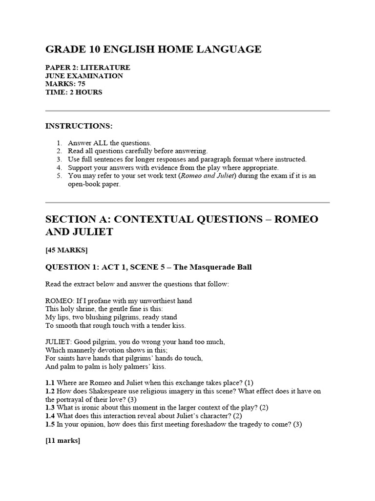 Grade 10 Exam: Romeo and Juliet Analysis | PDF | Romeo And Juliet ...