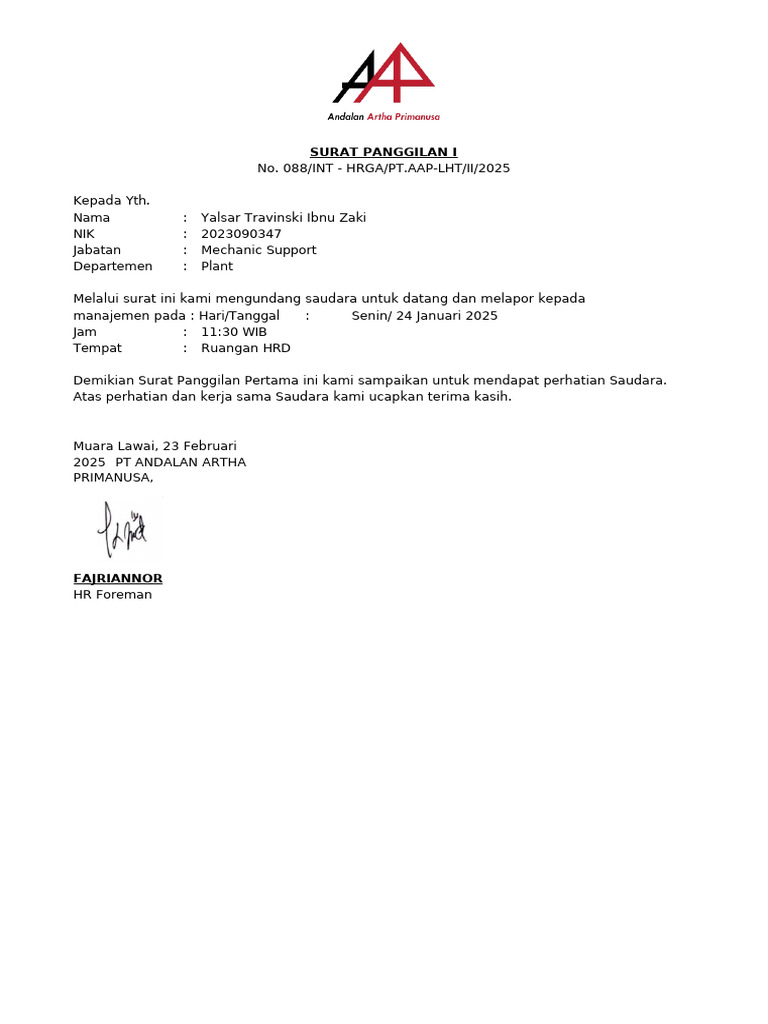 Surat Panggilan Kerja Pertama Yalsar Travinski Ibnu Zaki | PDF