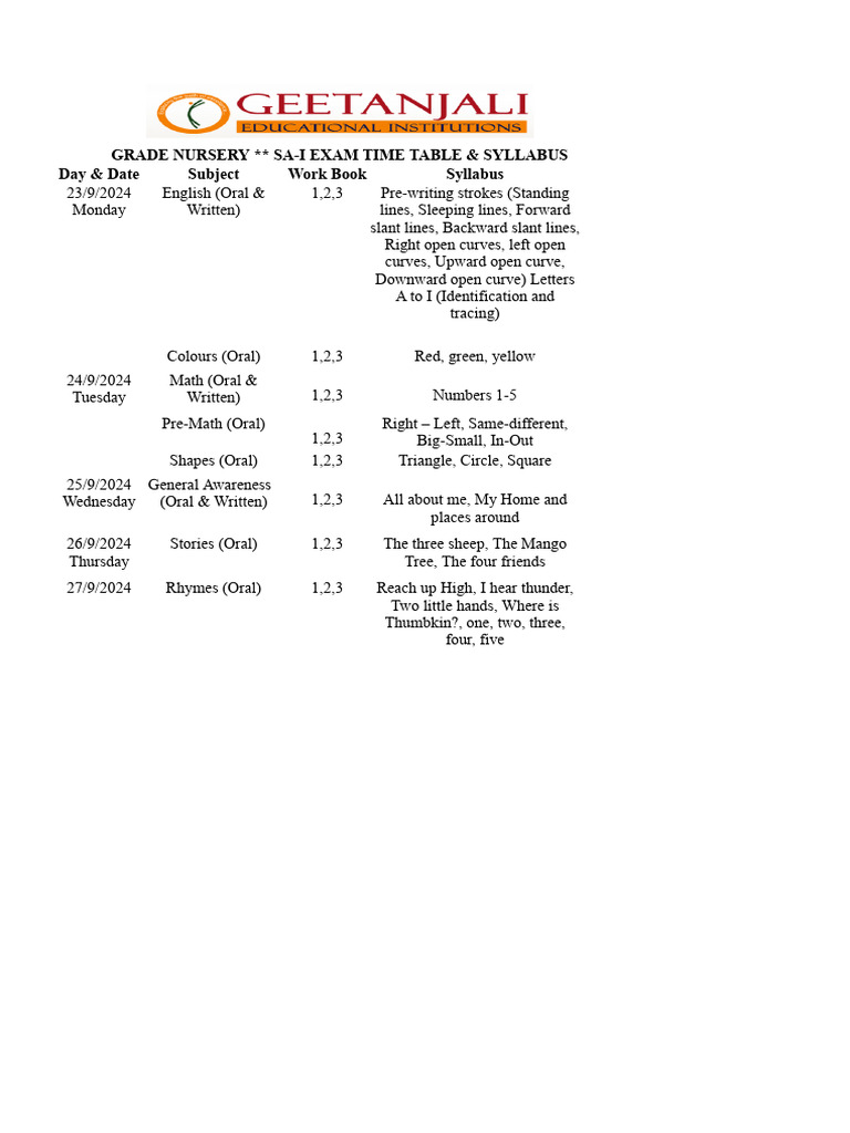 Nursery SA-I Exam Timetable & Syllabus | PDF
