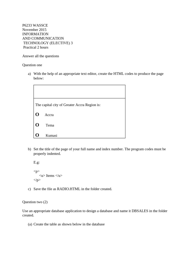 WASSCE Elective ICT Practical 2015 | PDF