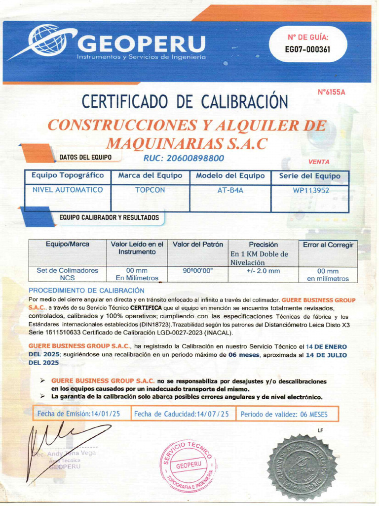 Certificado de Calibración Nivel de Ingeniero | PDF