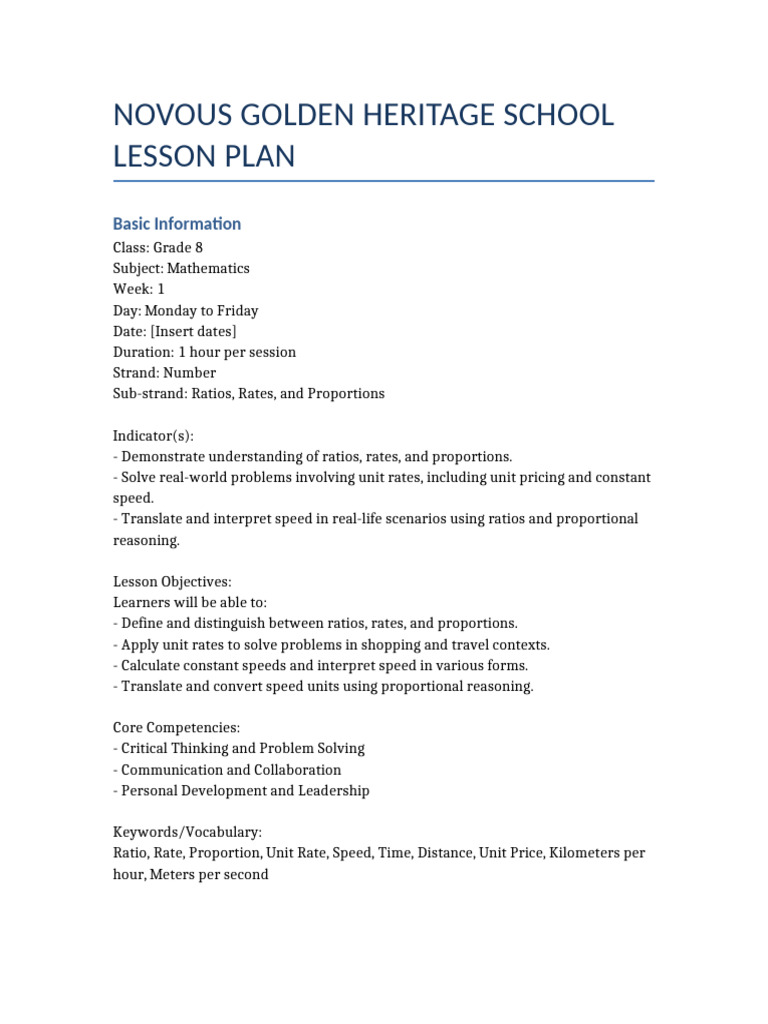 Basic 8 Week 3 Mathematics - Lesson - Plan | PDF | Speed | Ratio