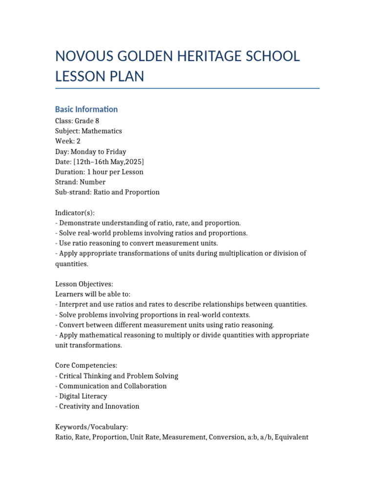 Basic 8 Mathematics Week 1 Lesson Plan - Plan | PDF | Ratio | Multiplication