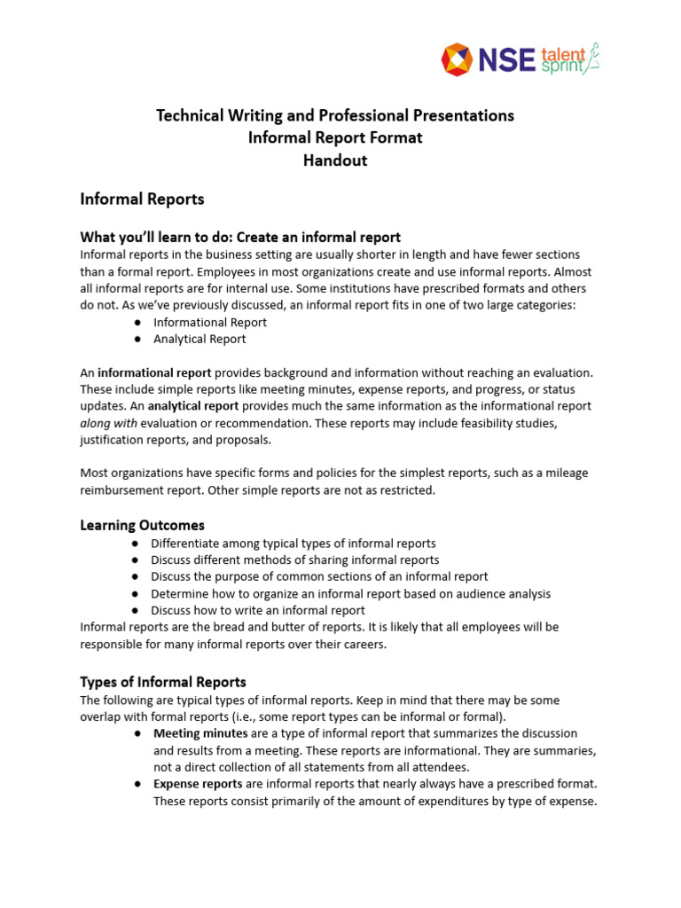 Handout - Informal Report Format | PDF | Proofreading | Reason