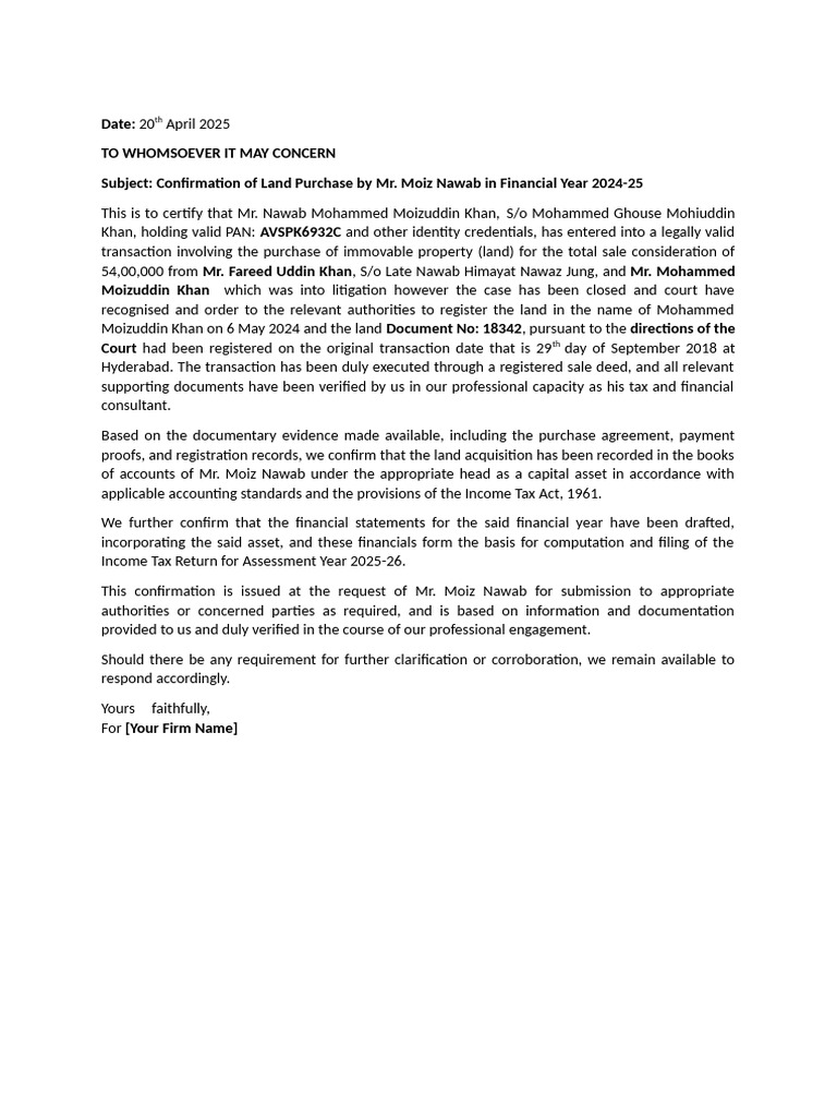 Land Confirmation Letter | PDF