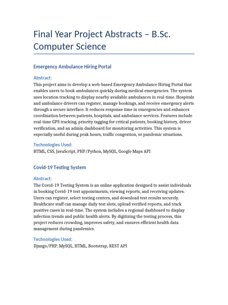 Final Year Project Abstracts | PDF | Java Script | Web Application