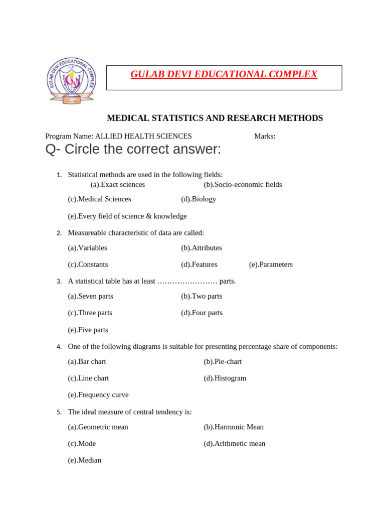 AHS Medical Statistics Question Paper | PDF | Mean | Mode (Statistics)