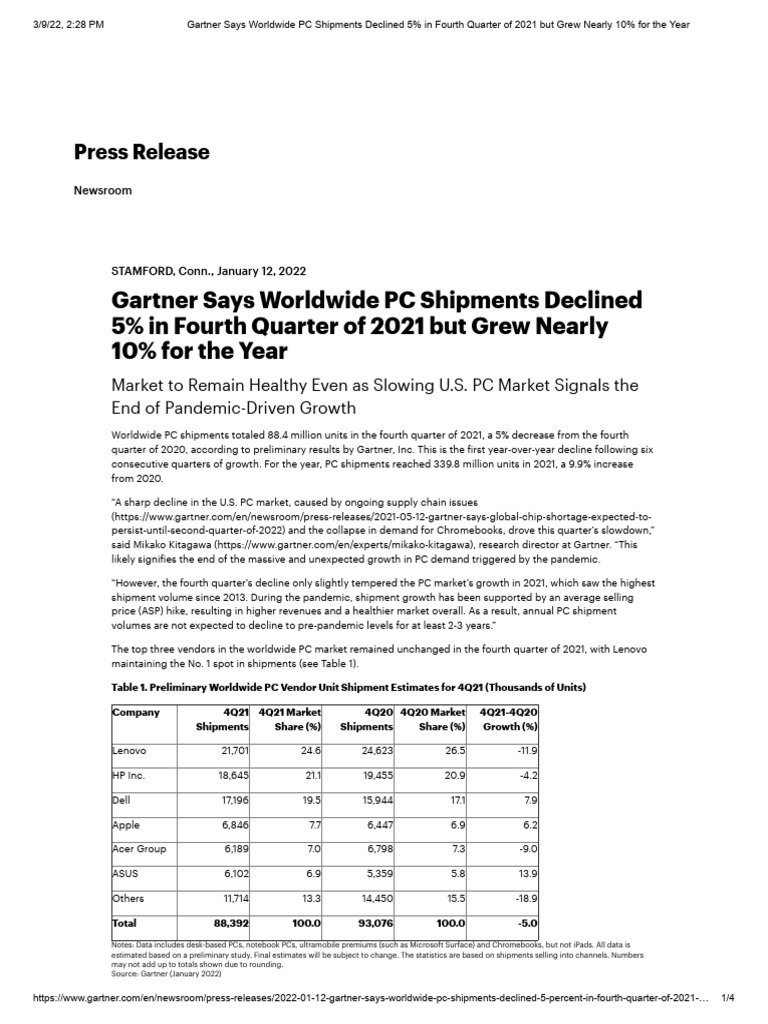 Gartner Says Worldwide PC Shipments Declined 5% in Fourth Quarter of ...