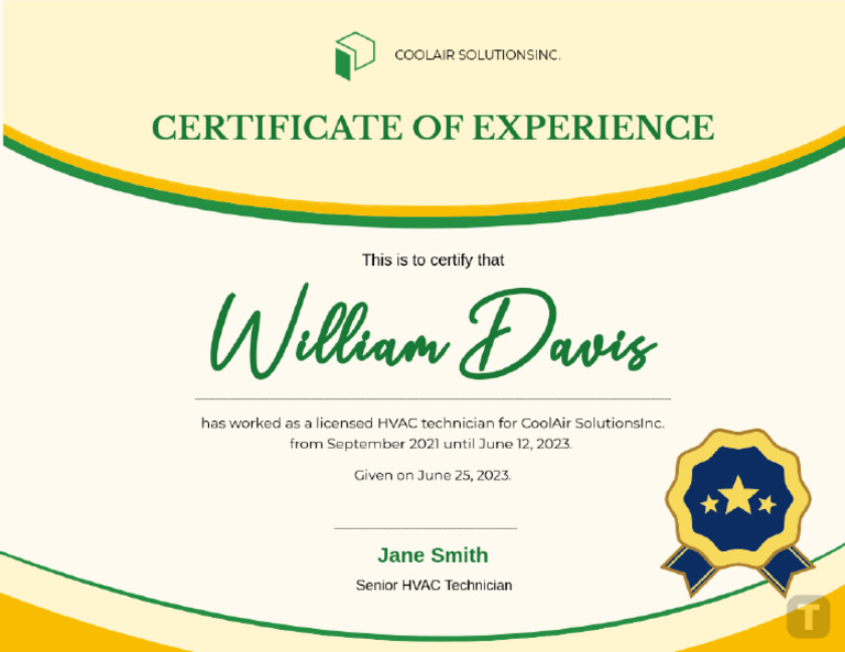 HVAC Experience Certificate Template | PDF