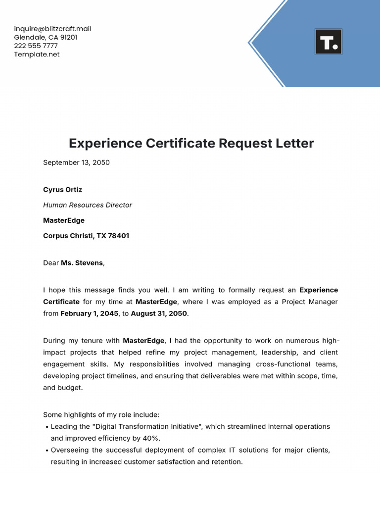 Free Experience Certificate Request Letter Template | PDF