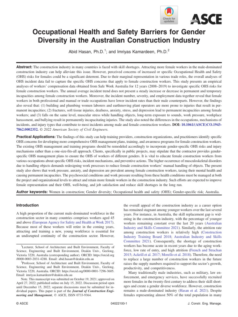 Occupational Health and Safety Barriers For Gender Diversity in The ...