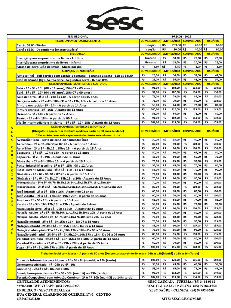 Tabela de Preços SESC Fortaleza 2025 | PDF