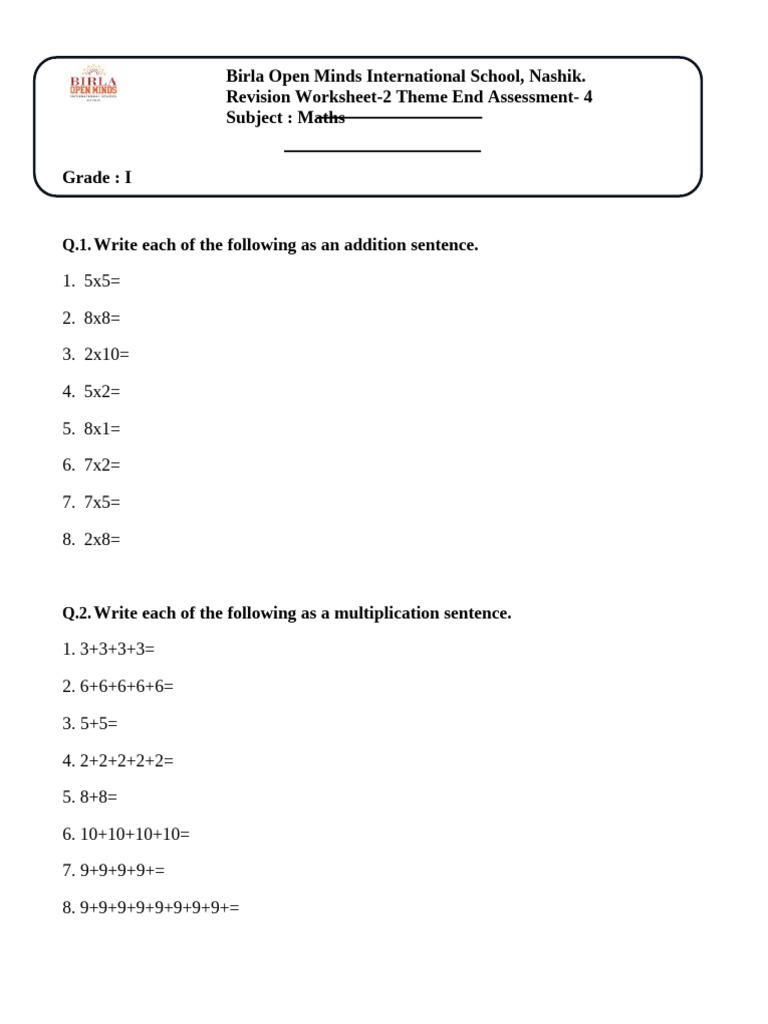 Maths Revision Worksheet-2 - Theme 4 - Grade 1 | PDF