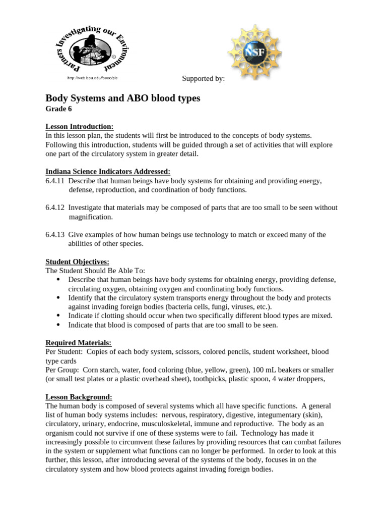 Grade 6 Circulatory System Lesson Plan | PDF | Blood Type | Tissue ...