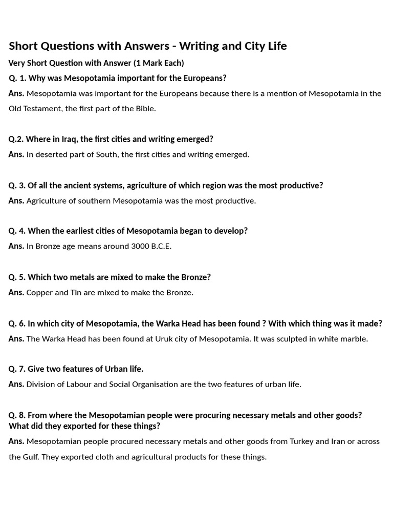BIS Short Questions With Answers - Writing and City Life | PDF ...