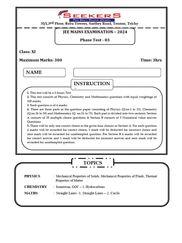 JEE Mains 2024 Phase Test 3 Details | PDF | Isomer | Thermal Expansion