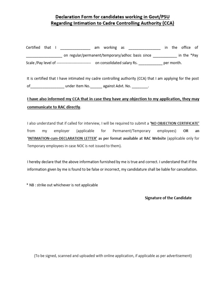 CCA Intimation Declaration Form | PDF