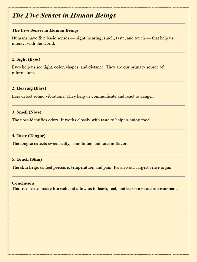 The Five Senses in Human Beings | PDF