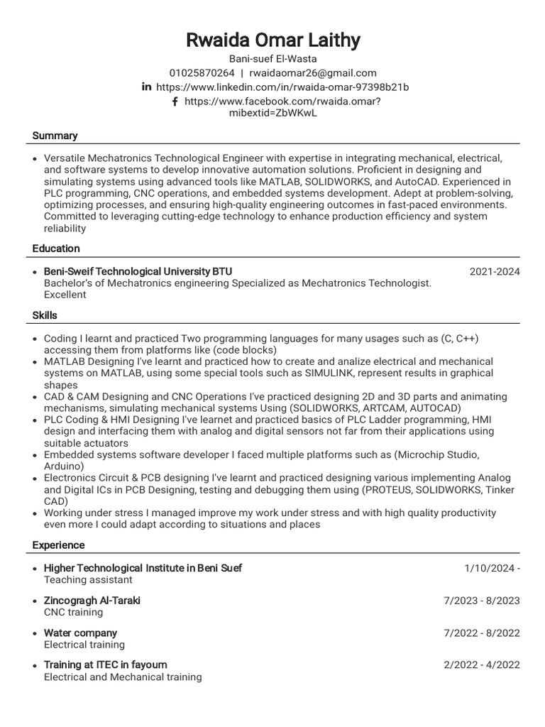 رويدا عمر Cv | PDF | Mechatronics | Programmable Logic Controller