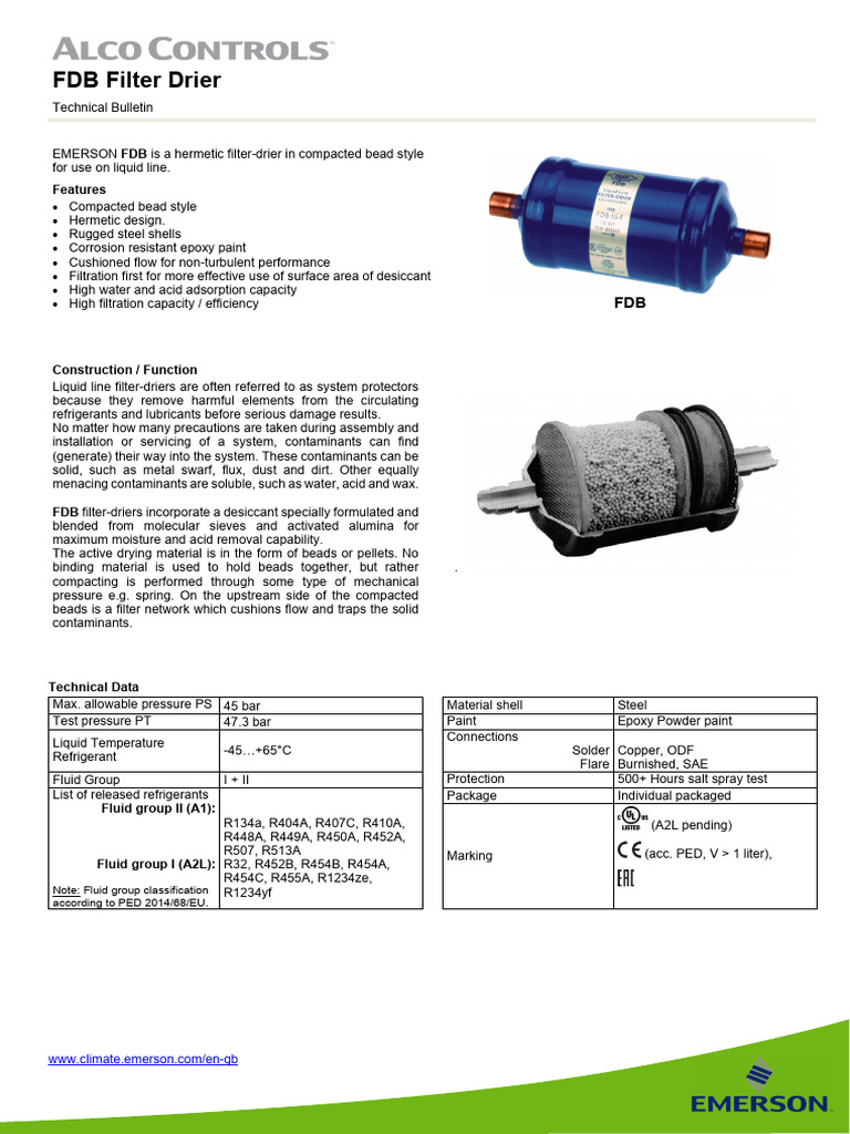 FDB Filter Drier Technical Specifications | PDF | Filtration | Gases