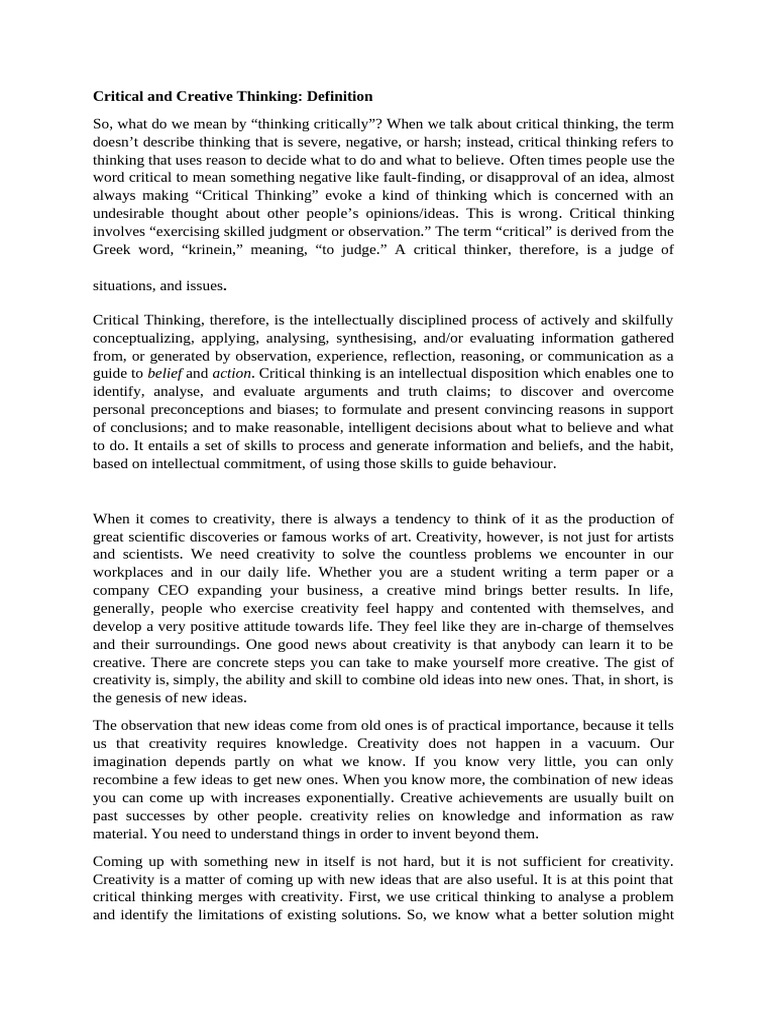 Week 1 (Fundamentals of Creative and Critical Thinking) | PDF ...