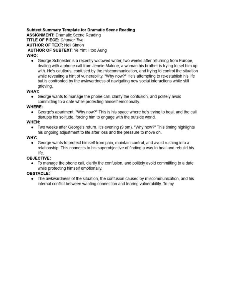 Subtext Summary Template For Dramatic Scene Re.. | PDF