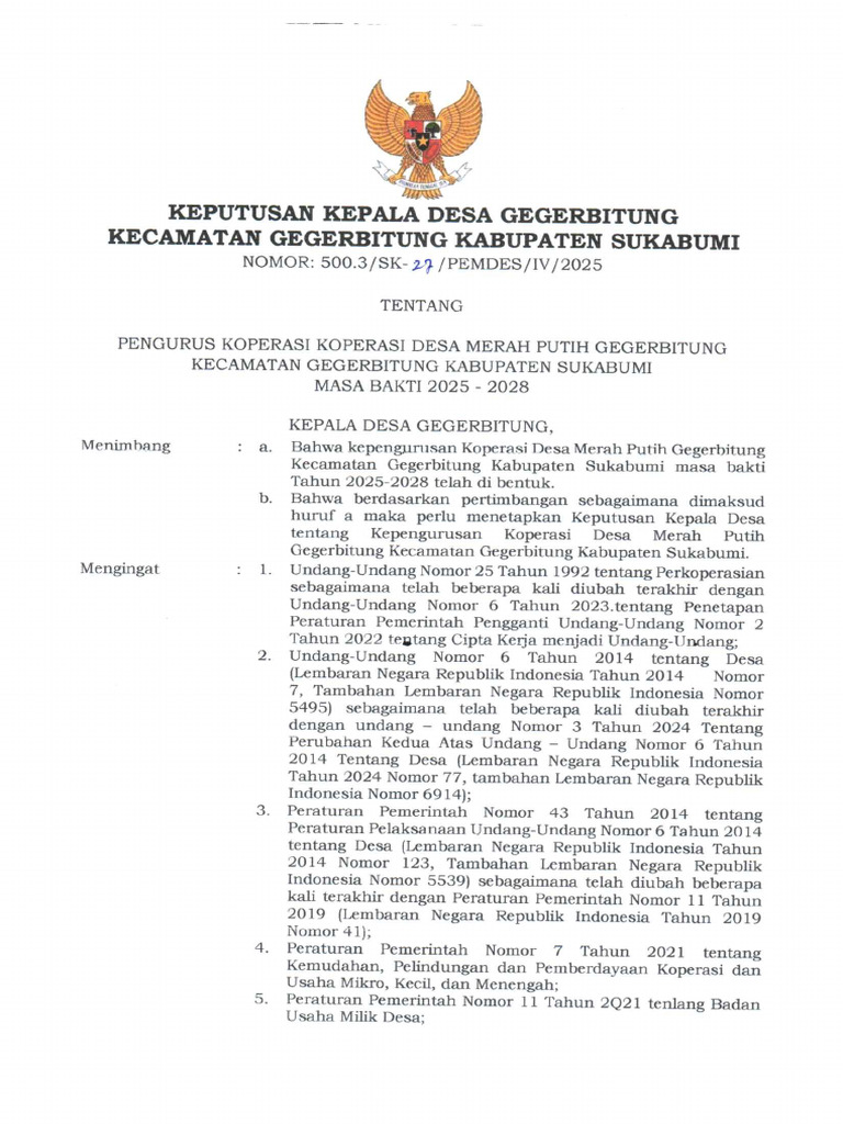 SK Koperasi Desa Merah Putih Gegerbitung | PDF