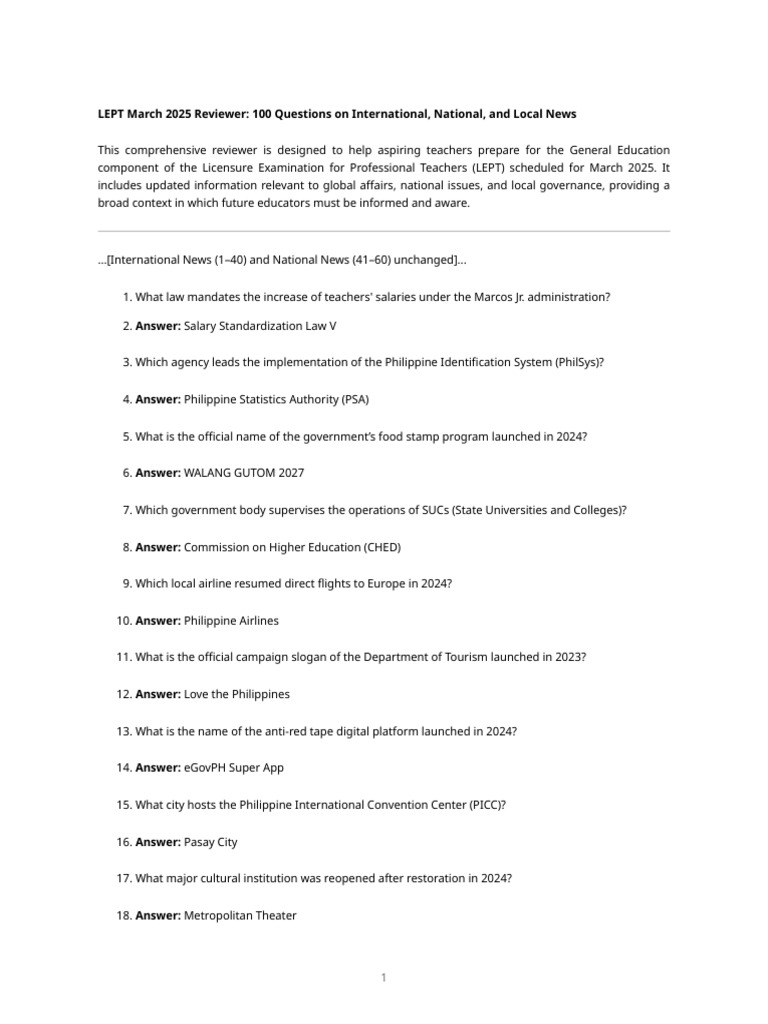 LEPT 2025: Comprehensive News Reviewer | PDF | Philippines