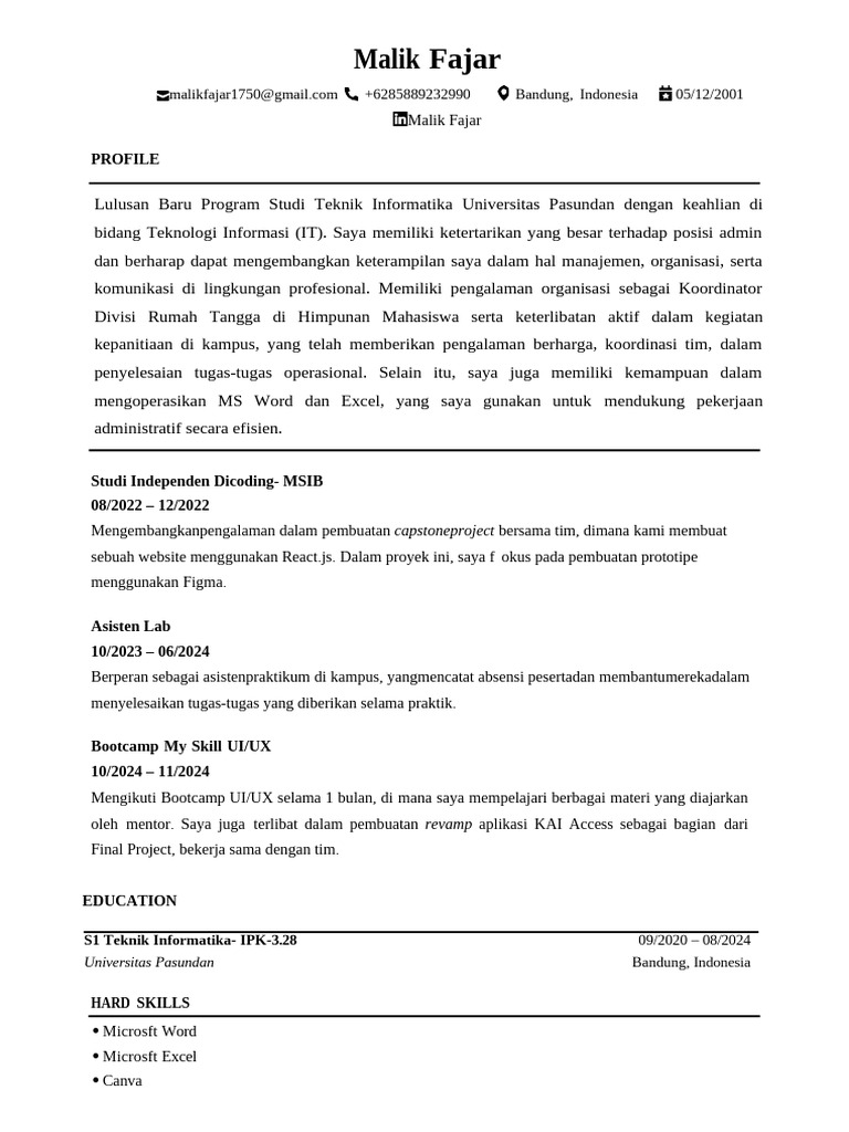 CV Malik Fajar - Admin | PDF