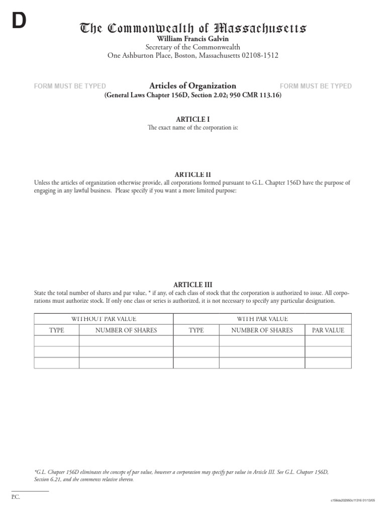 Massachusetts Articles of Organization Form | PDF | Government | Justice