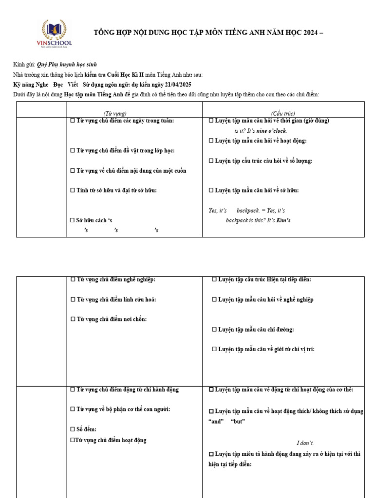 Tổng Hợp Nội Dung Học Tập Môn Tiếng Anh - Cuối Kỳ - Stage 2 | PDF