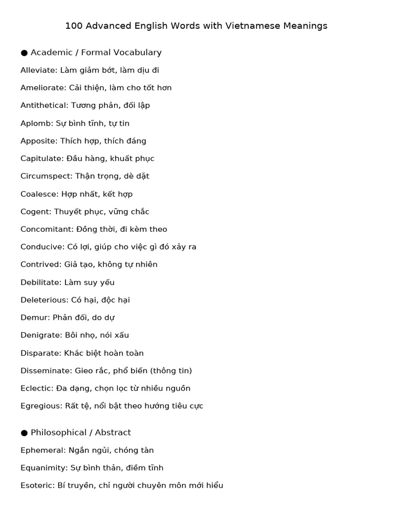 100 Advanced Words Vietnamese Meanings | PDF