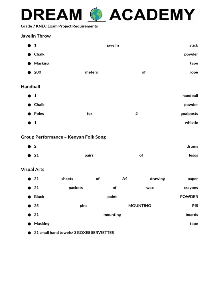 Grade 7 KNEC Exam Project Requirements | PDF