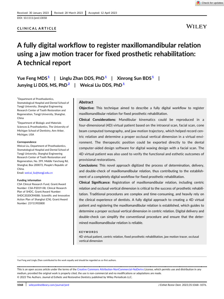 J Esthet Restor Dent - 2023 - Feng - A Fully Digital Workflow To Register Maxillomandibular ...