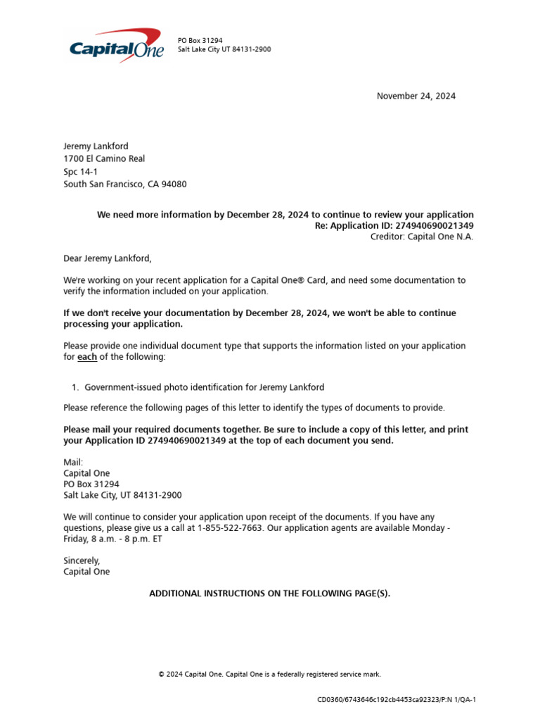 Capital One Application Documentation Request | PDF | Identity Document ...