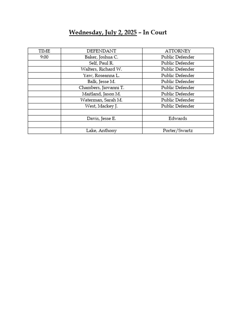 Jefferson County Court Calendar July 2, 2025 | PDF