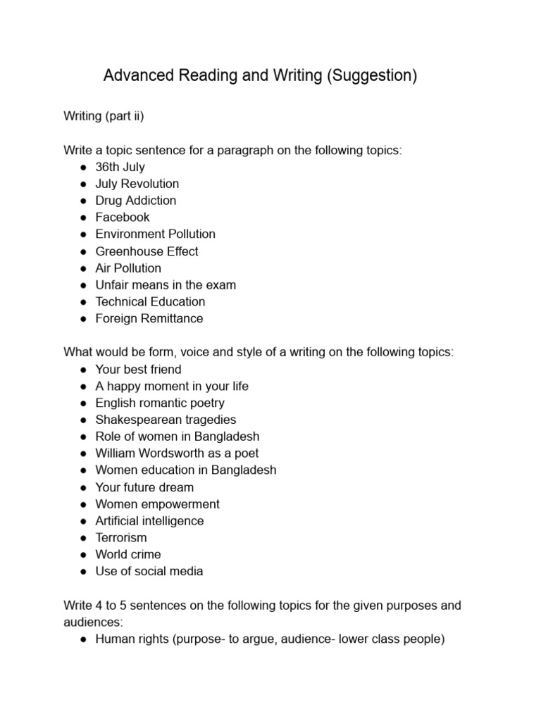 Advanced Reading and Writing (Suggestion) | PDF
