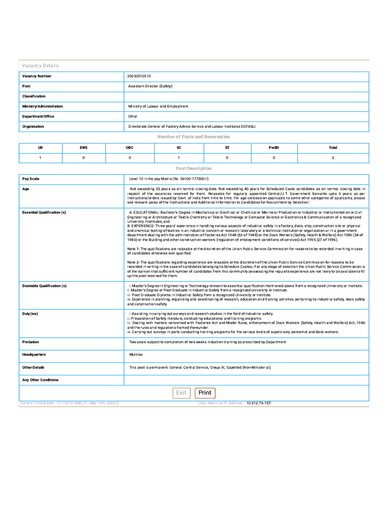 UPSC Assistant Director (Safety) Vacancy | PDF | Occupational Safety ...