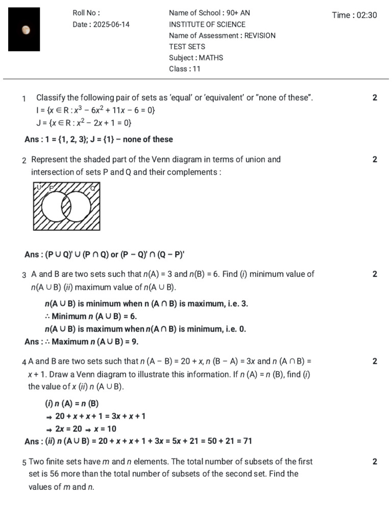 Sets - Answer Key | PDF | Intersection (Set Theory) | Mathematics