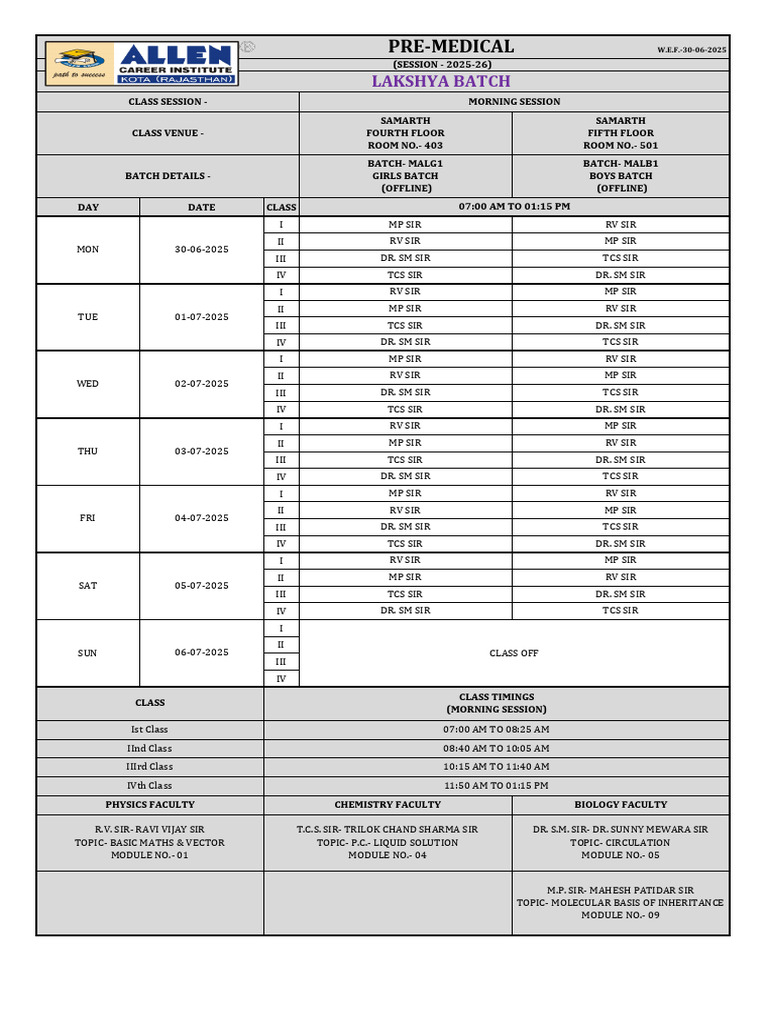 07 Lakshya Batch - Class Schedule (Wef-30-06-2025) | PDF | Physical ...