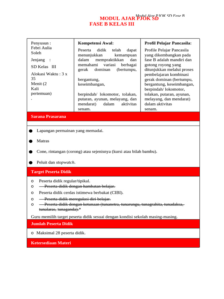 Modul Ajar - Kombinasi Gerak Dominan | PDF