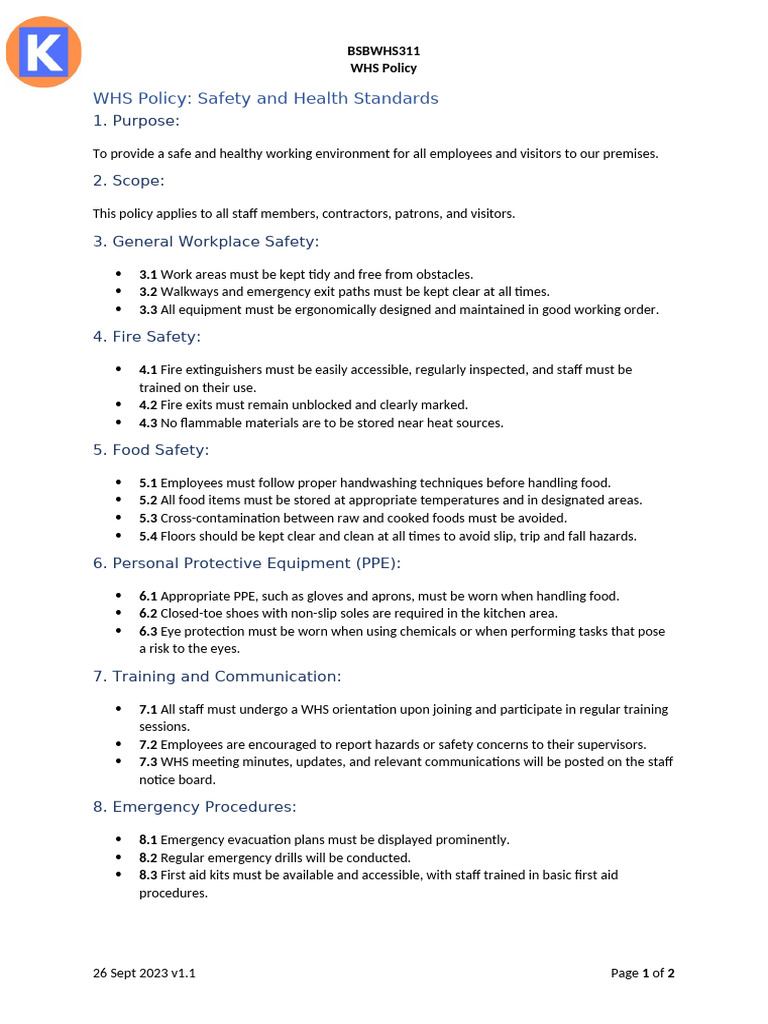 Whs Policy Document Restaurant | PDF | Personal Protective Equipment ...